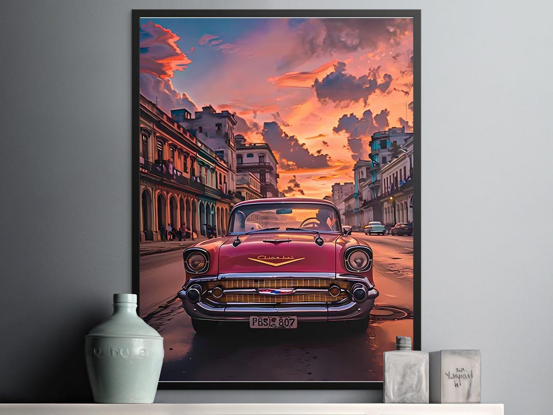 Vintage Cuban Car Wall Art Print, Havana Sunset Urban Decor, Classic ...