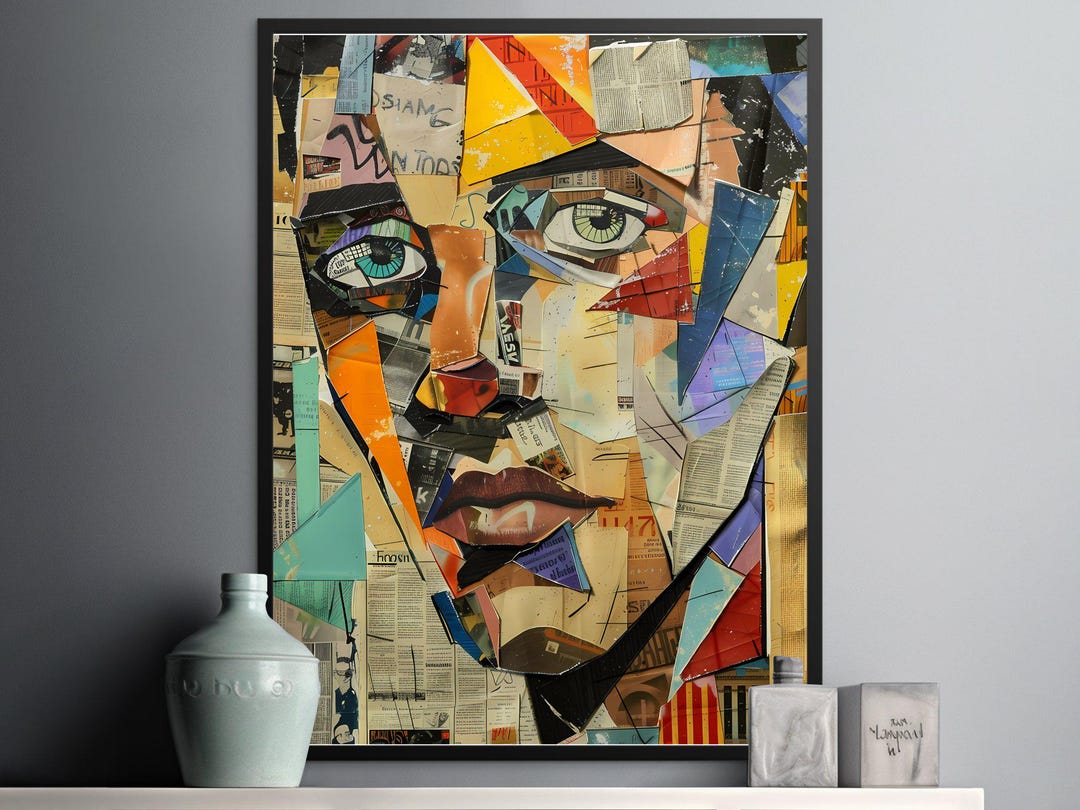 Abstract Face Collage Wall Art Colorful Geometric Design Large Canvas ...