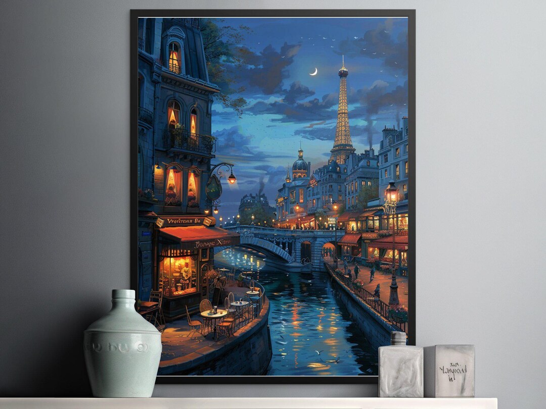 Paris Nightscape Wall Art, Eiffel Tower Cityscape Painting, Romantic ...