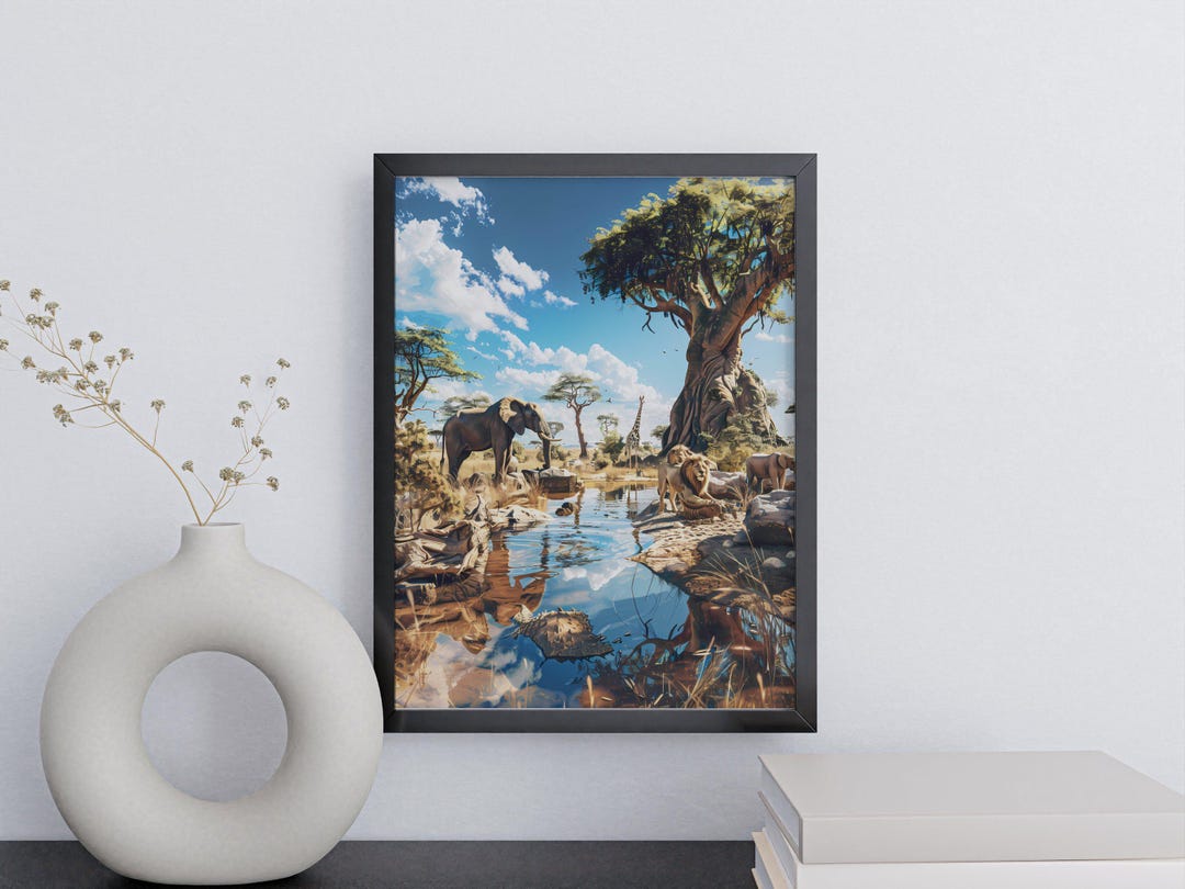 Wildlife Safari Wall Art, African Savannah Decor, Elephant Giraffe Lion ...