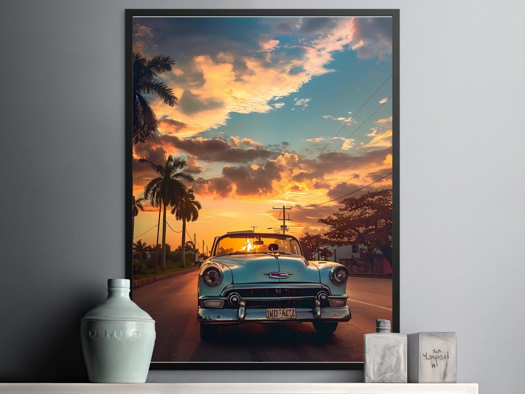 Vintage Cuban Car Wall Art, Classic Cuban Car at Sunset Print, Retro ...