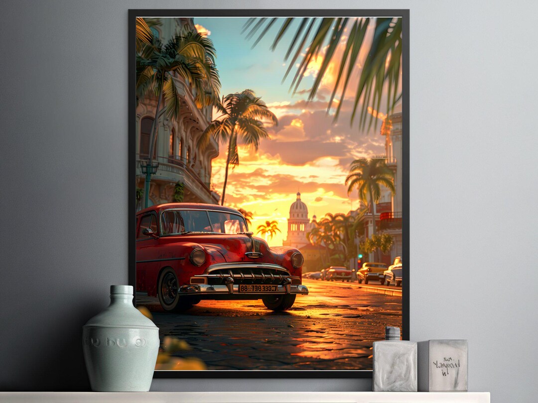 Vintage Cuban Street Scene Wall Art, Classic Car and Sunset, Havana ...
