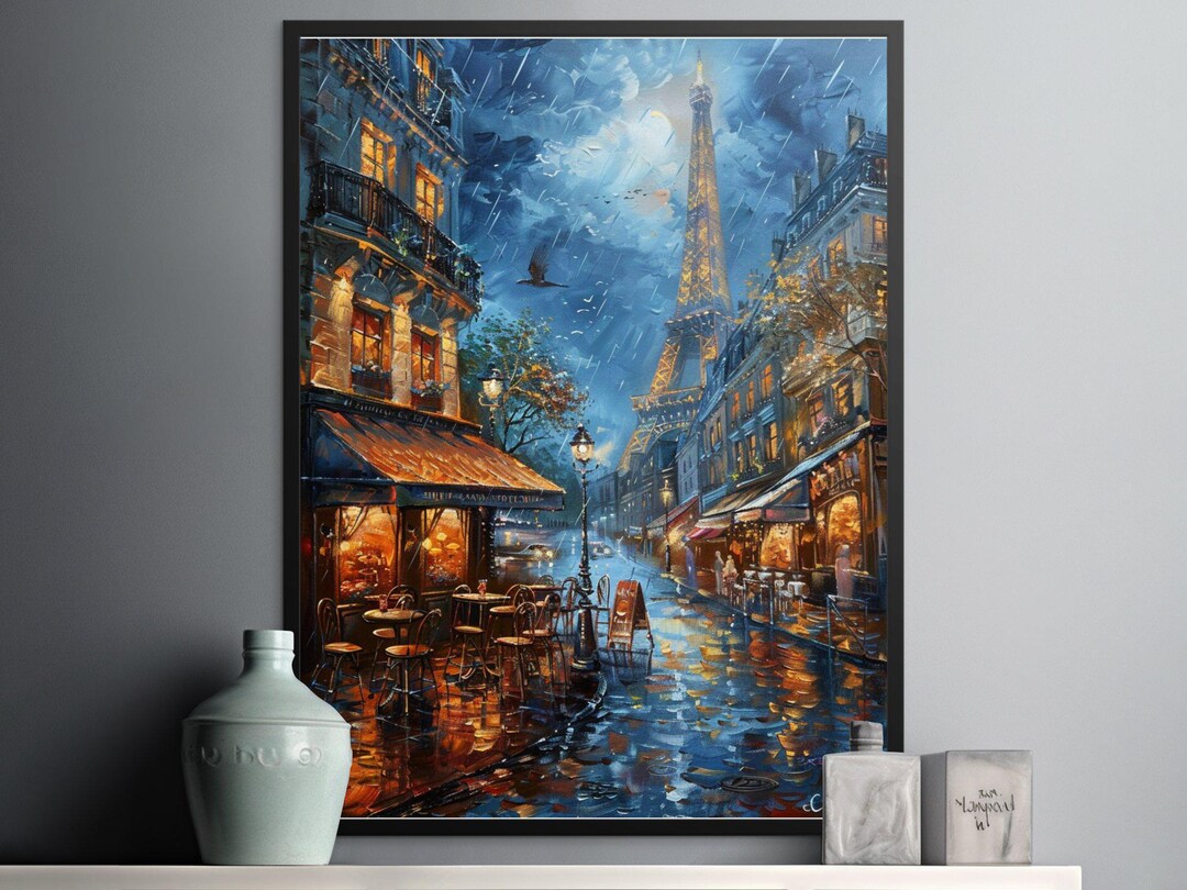 Paris Street Scene Wall Art, Eiffel Tower Painting, Night Cityscape ...