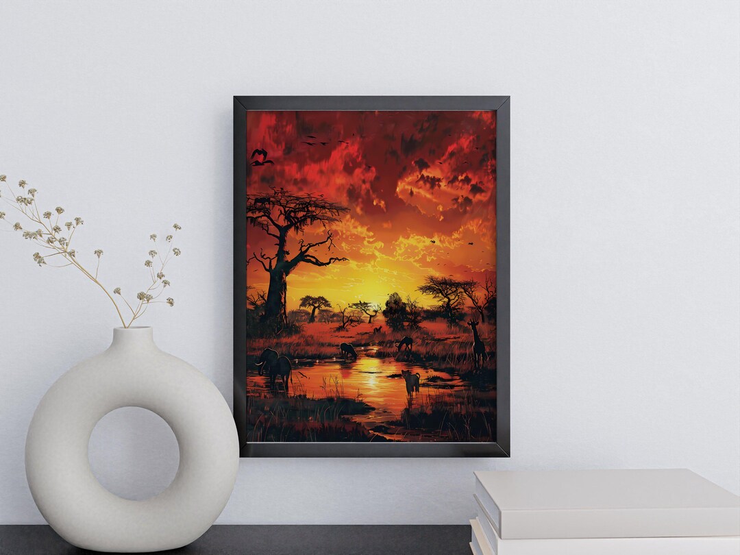African Safari Sunset Wall Art, Wildlife Landscape Print, Nature Wall ...