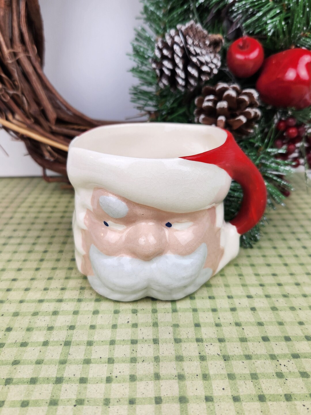 Small Vintage Christmas Ceramic Santa Mug Cup Red and White Festive ...
