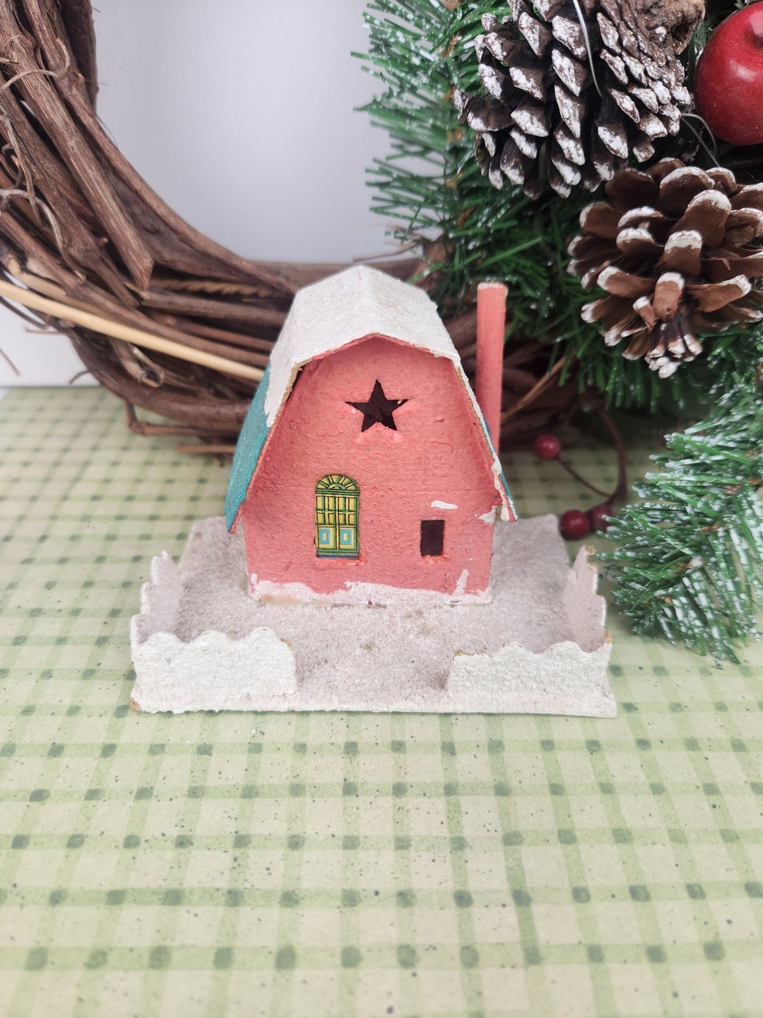 Vintage 1950s Putz Cardboard Village House Barn Tree Ornament With Star ...