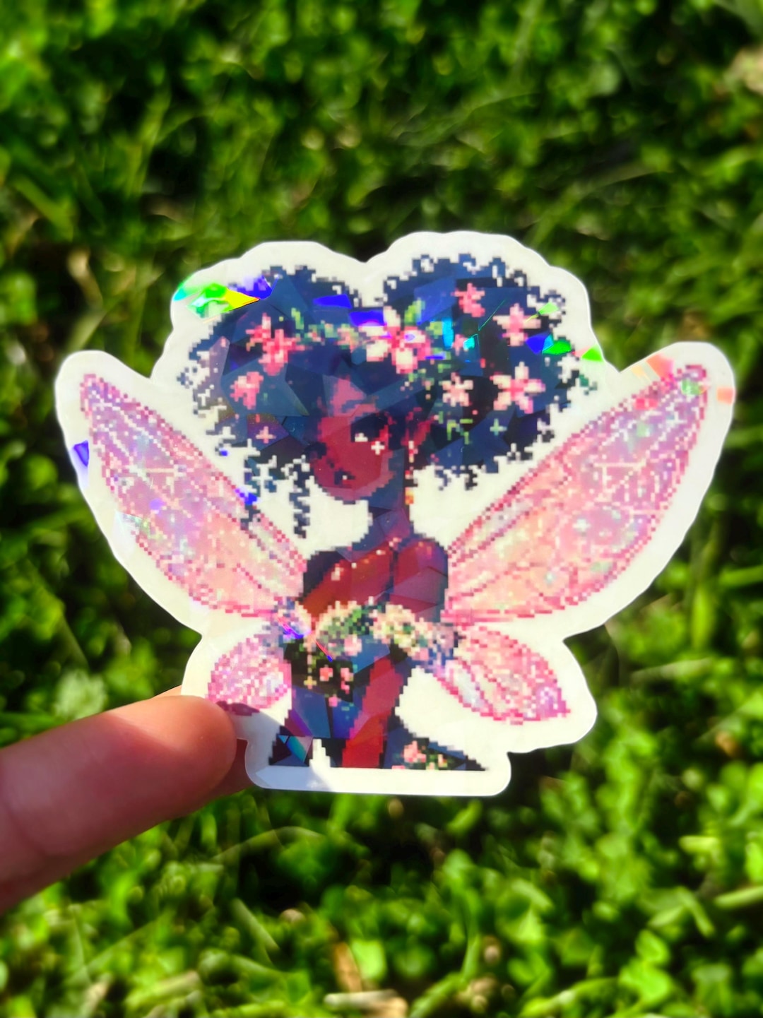 Holographic Fairy Sticker - Cute Black Pixie Vinyl Decal, Sparkly Pixel ...