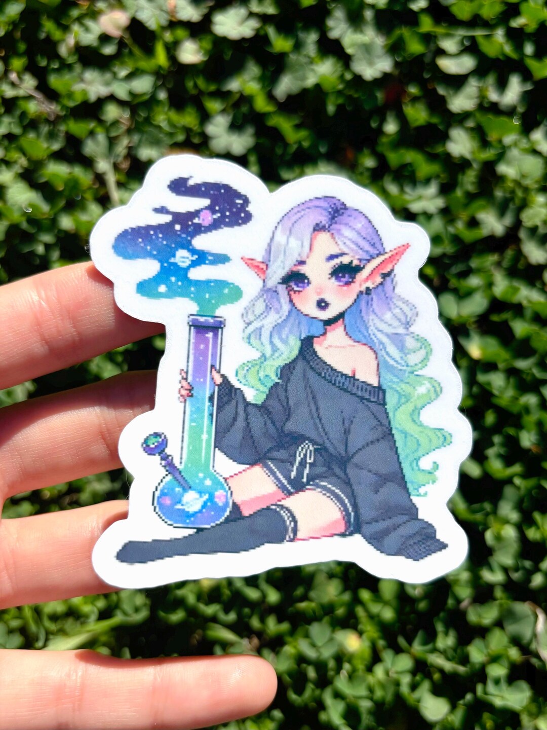 Elf Stoner Girl Sticker - Chibi Fantasy Babe Smoking a Bong Sticker ...