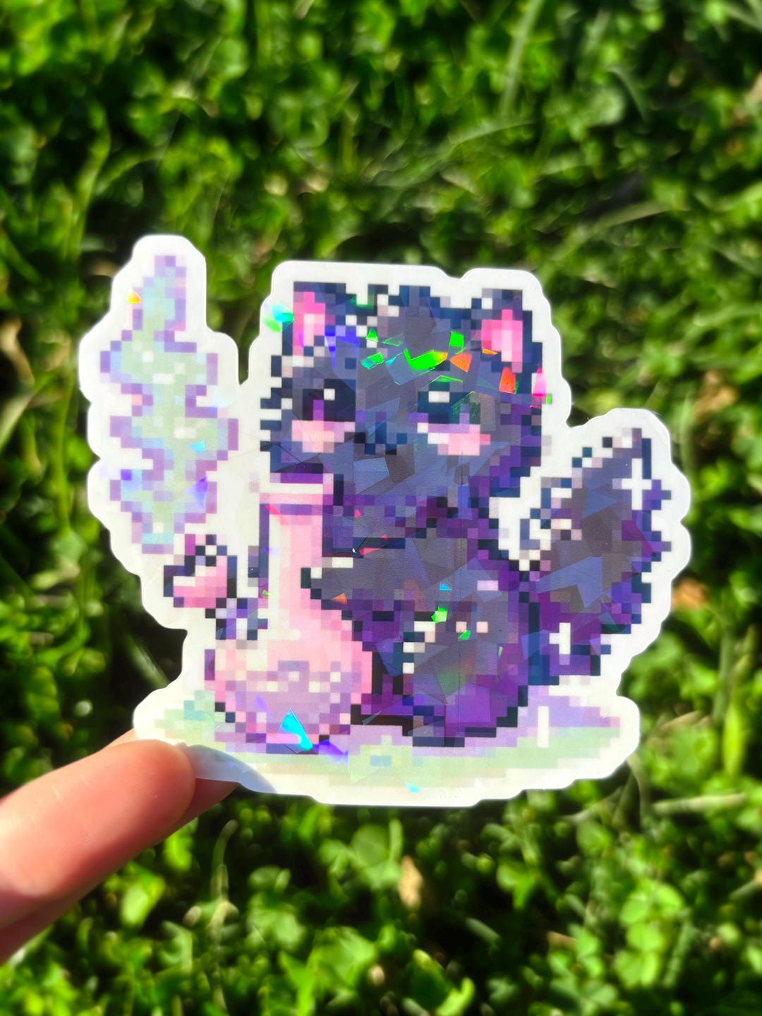 Black Cat Smoking a Bong Sticker - Holographic Pixel Art Stoner Kitty ...