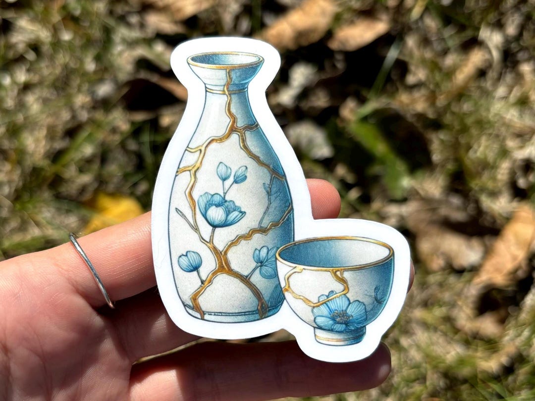 Kintsugi Sake Set Sticker - Pretty Holographic Ceramic Sake Bottle ...