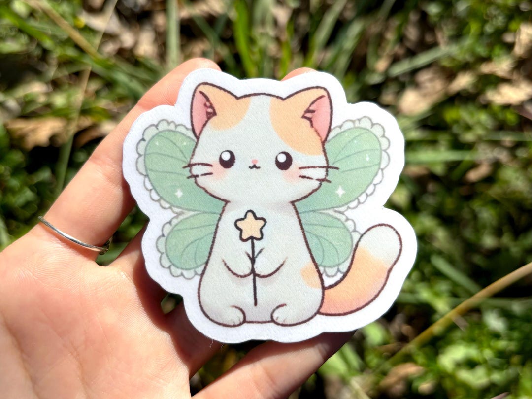Fairy Cat Vinyl Sticker - Cute Faerie Kitty, Chibi Animal Decal, Kawaii ...