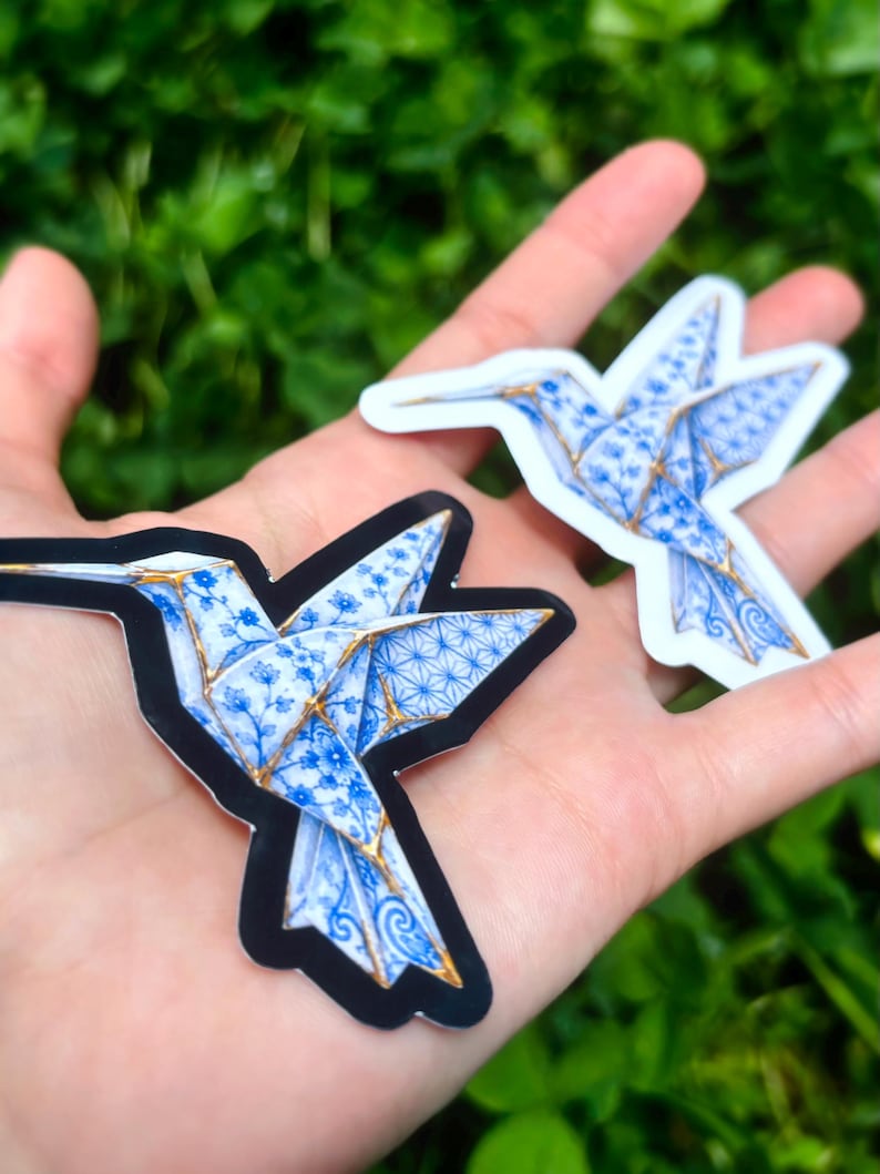 Kintsugi Hummingbird Sticker: Origami Bird Art, Blue White Porcelain ...