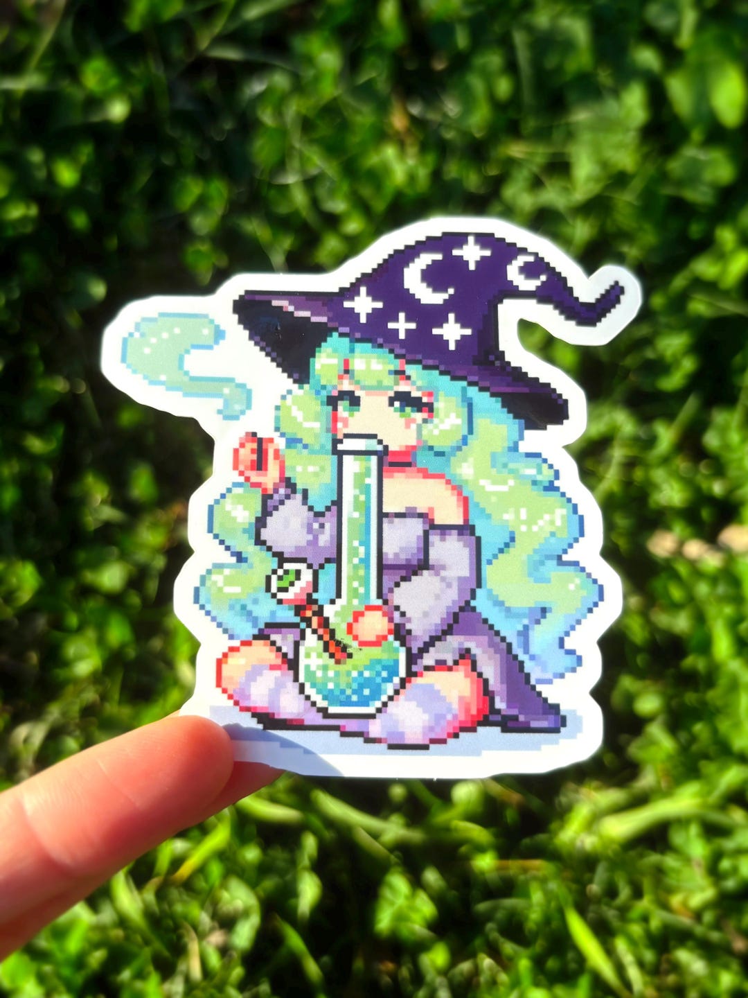 Witch Smoking a Bong Vinyl Sticker - Holographic Witch Sticker, Pixel ...