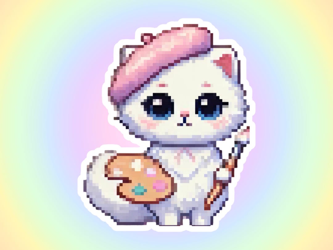 Artist Kitty Vinyl Sticker - Cute Pixel Art Cat Decal, Gifts for ...