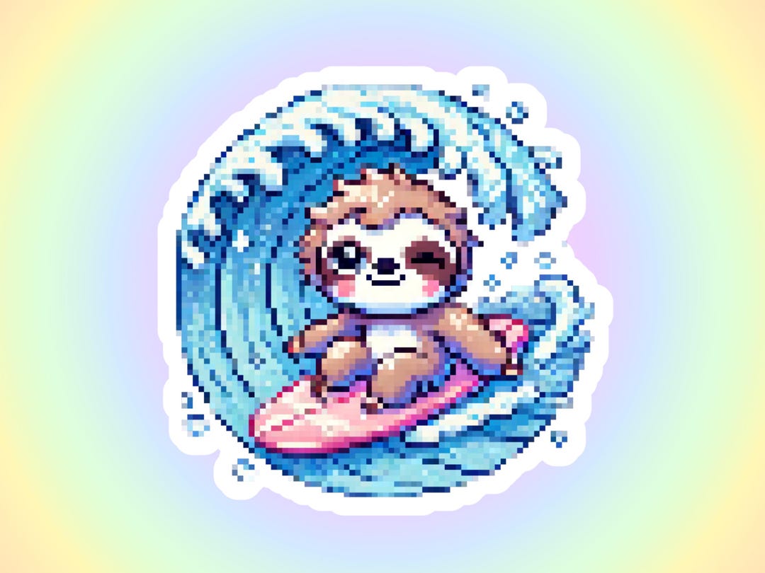 Cute Sloth Surfing Sticker - Kawaii Pixel Art Surf Boarding Sloth Decal ...