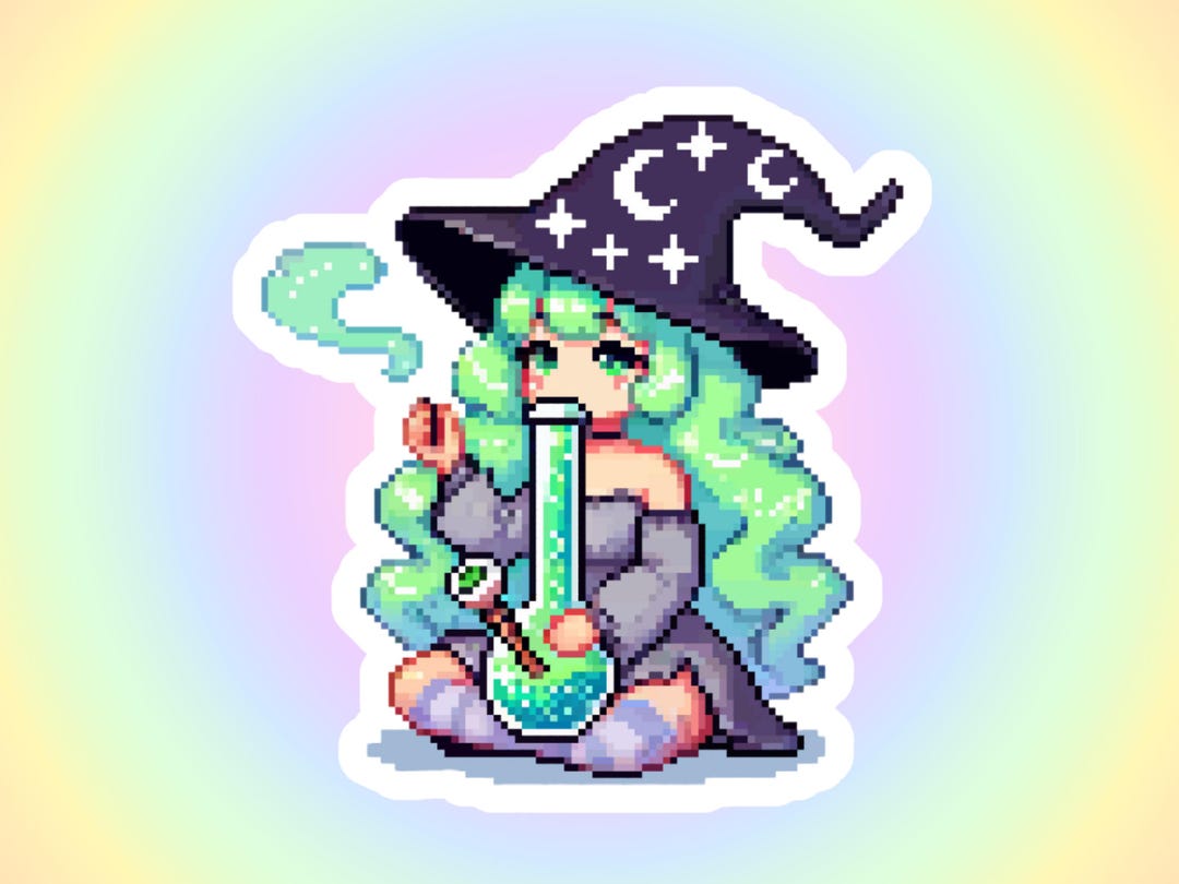 Witch Smoking a Bong Vinyl Sticker Holographic Witch Sticker, Pixel Art ...