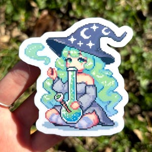 Witch Smoking a Bong Vinyl Sticker - Holographic Witch Sticker, Pixel ...