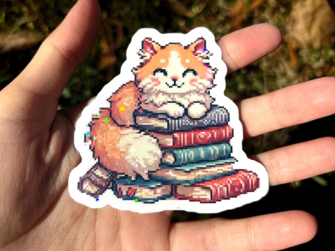 Bookish Kitty Vinyl Sticker - Cute Pixel Art Cat Decal, Gifts for ...