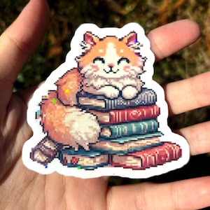 Bookish Kitty Vinyl Sticker - Cute Pixel Art Cat Decal, Gifts for ...