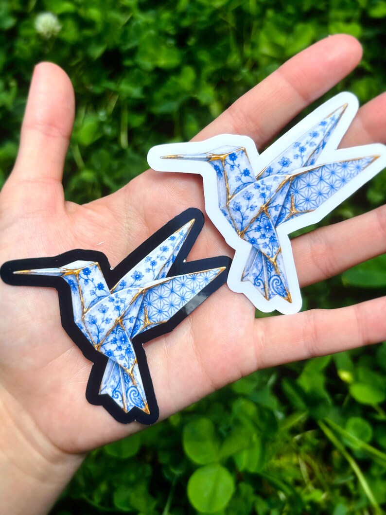 Kintsugi Hummingbird Sticker: Origami Bird Art, Blue White Porcelain ...