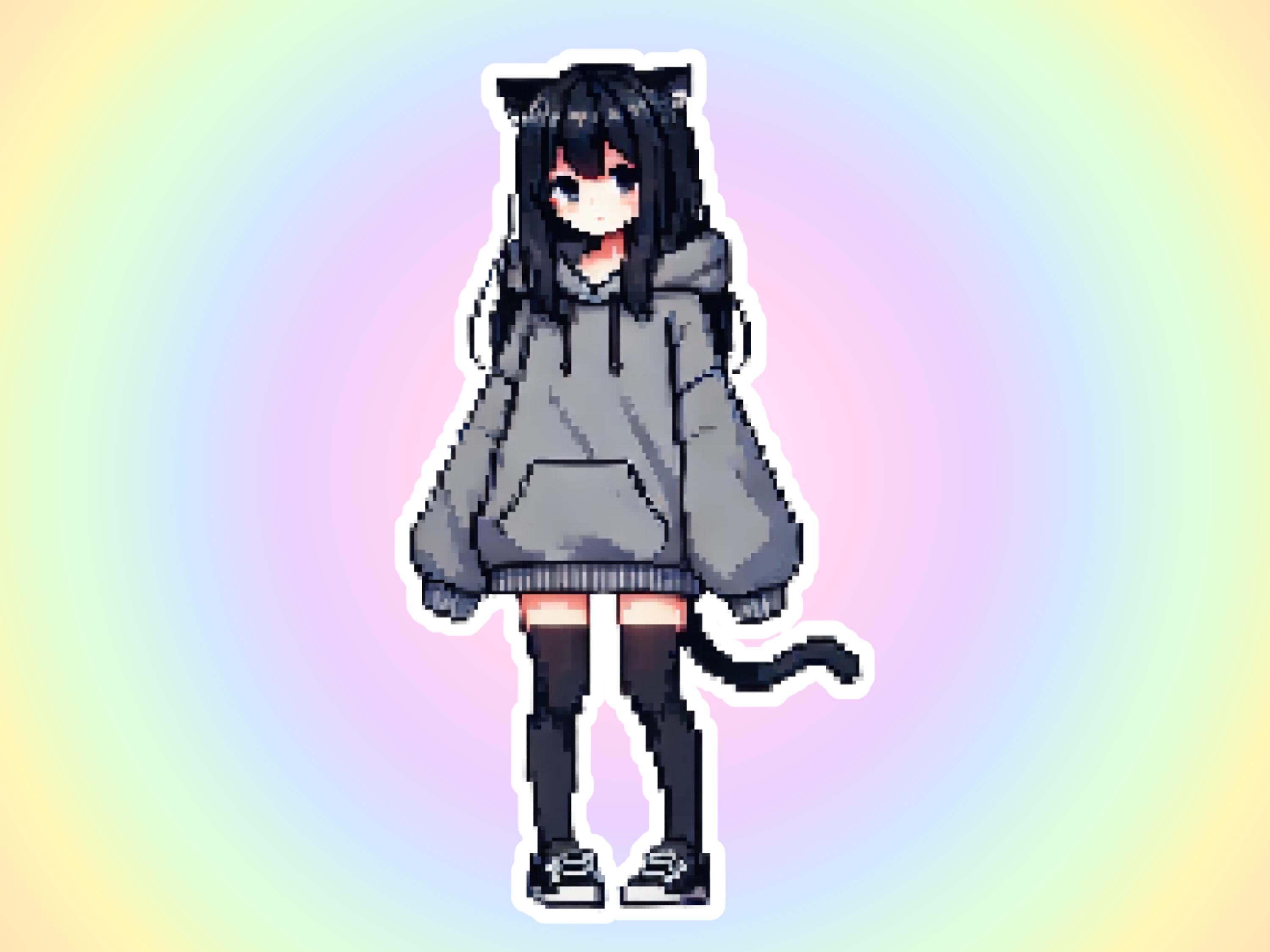 Cute Cat Waifu Vinyl Sticker Chibi Pixel Art Anime Girl Decal, Kawaii ...