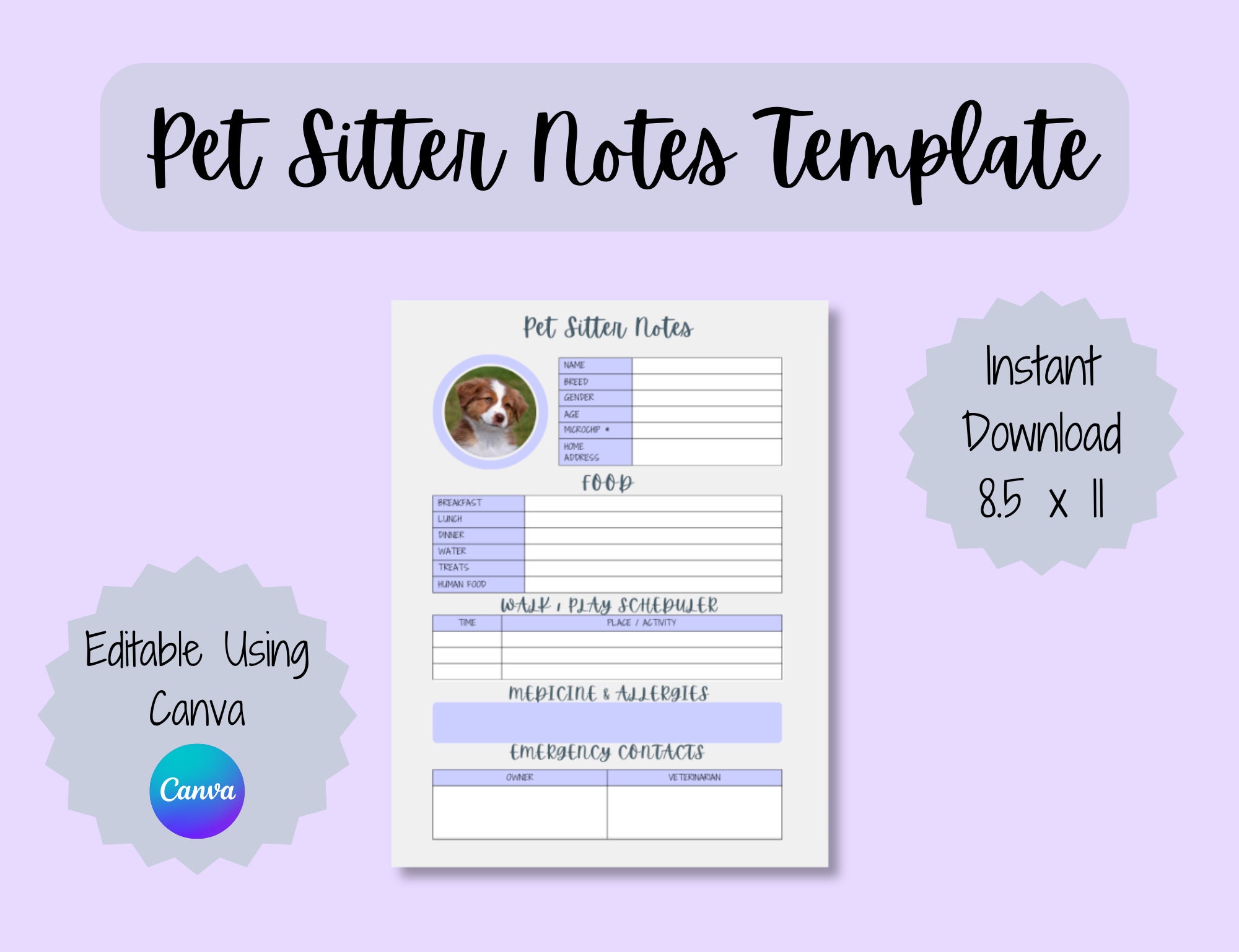 Editable Pet Sitter Notes Template, Puppy Planner, and Cat Sitter ...