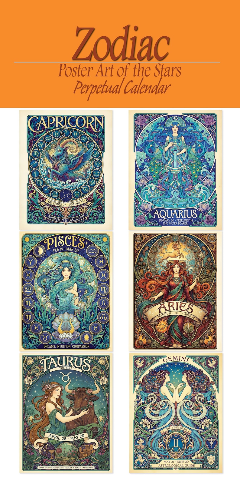 Art Nouveau Zodiac Perpetual Calendar | Vintage Astrology Wall Decor - Etsy