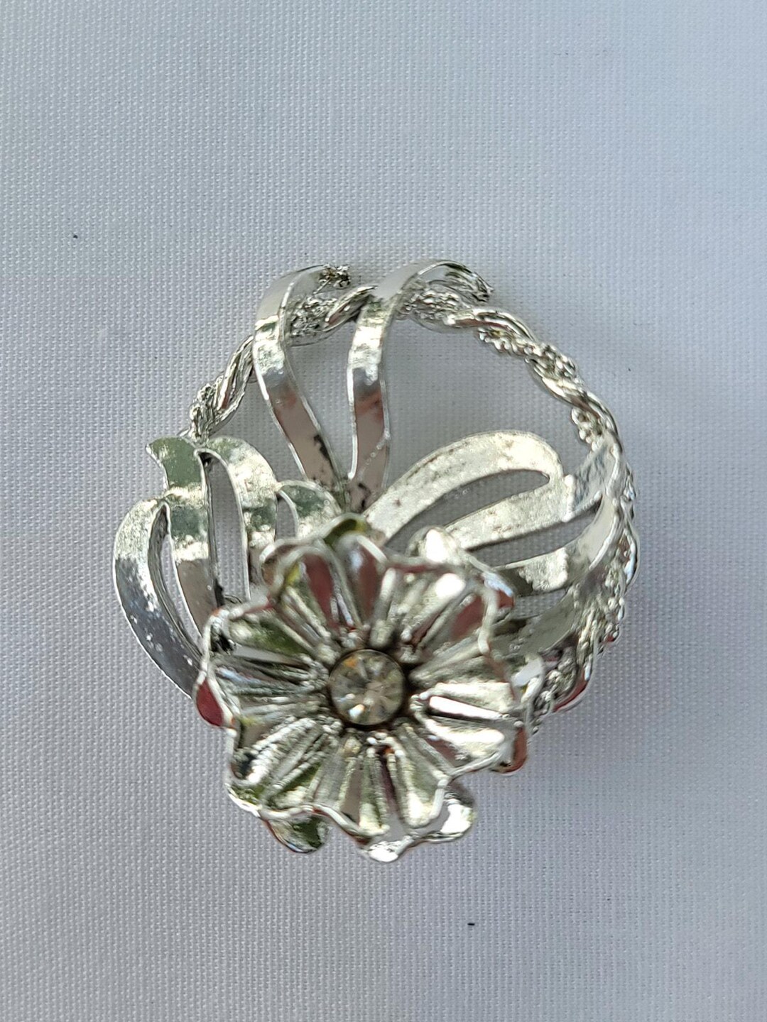 Vintage All Silver Pin Flower W Rhinestone Center on Braided Wreath ...