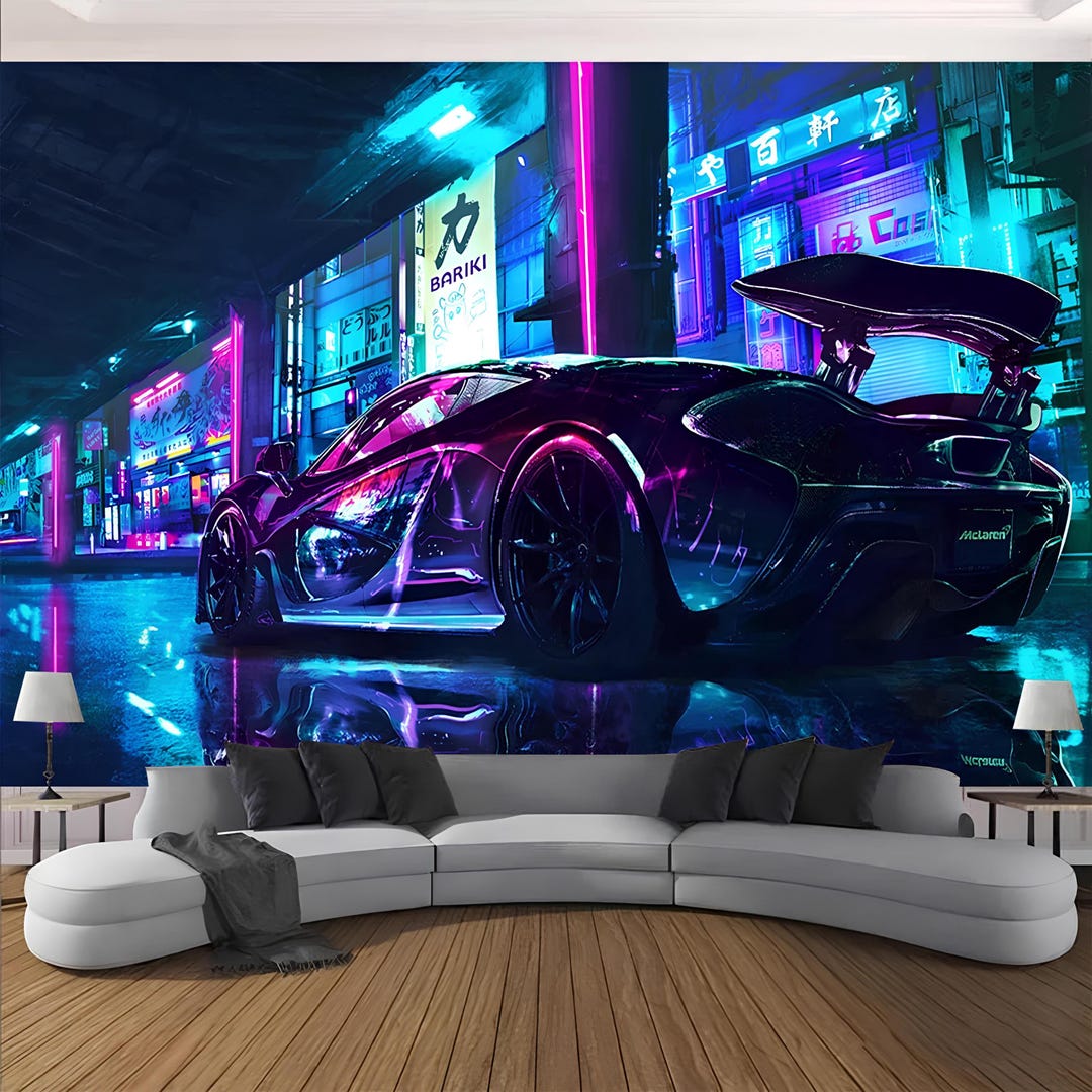 Cyberpunk Night City View Neon Lights Wall Tapestry, Anime Wall Hanging ...