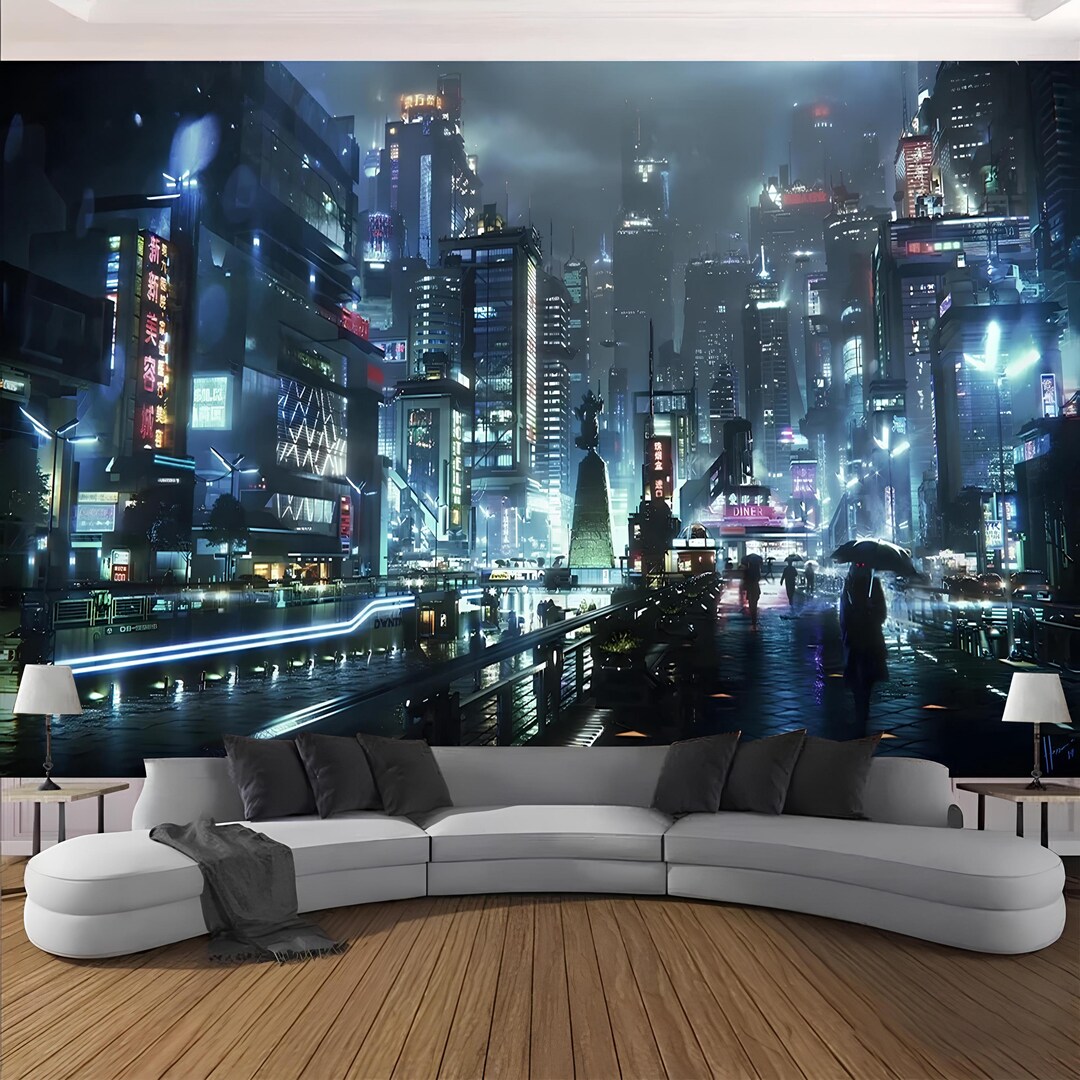 Cyberpunk Cityscape Tapestry: Neon Night View Wall Hanging - Etsy