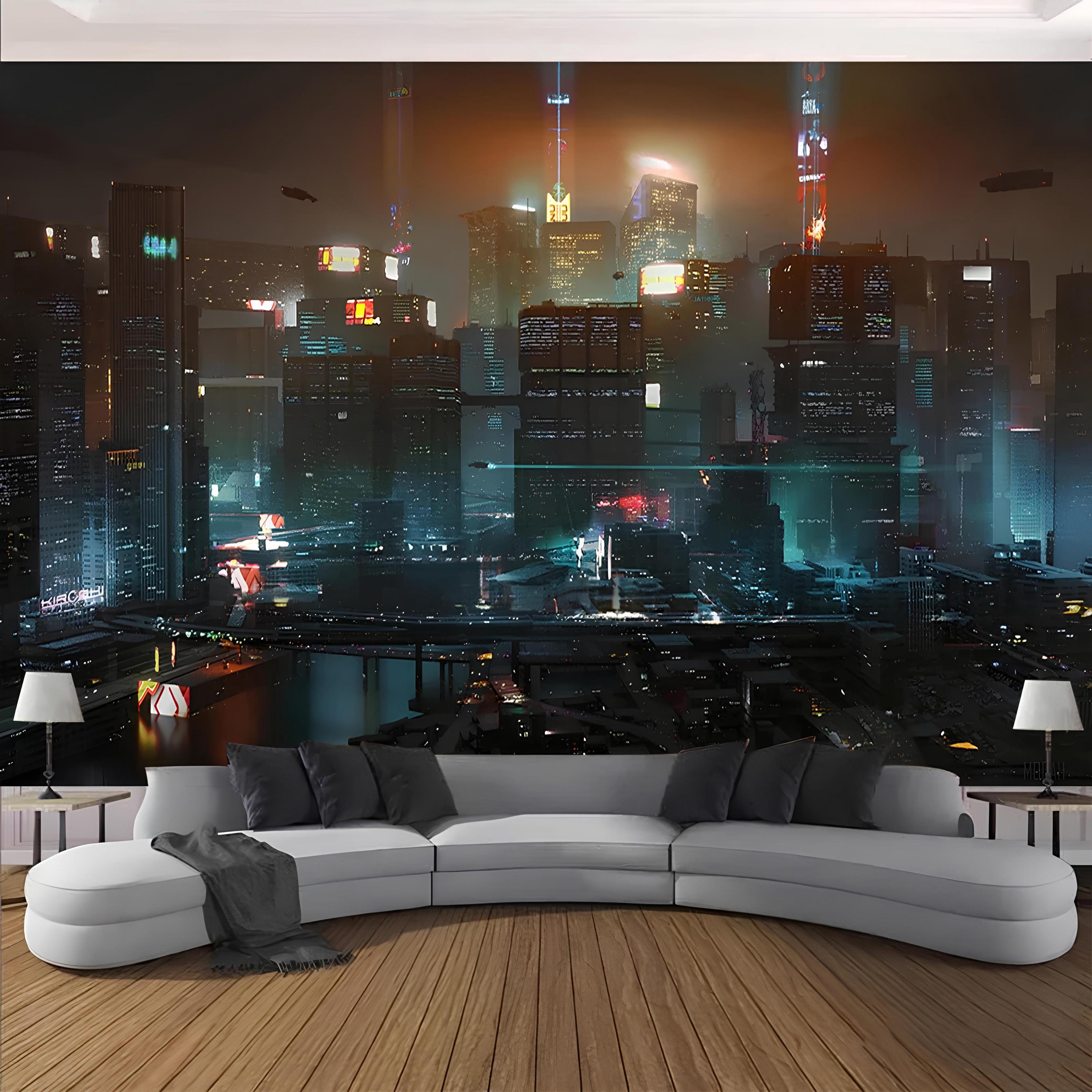 Cyberpunk Night City View Neon Lights Wall Tapestry, Anime Wall Hanging ...