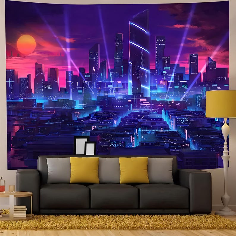 Cyberpunk Night City View Neon Lights Wall Tapestry, Anime Wall Hanging ...
