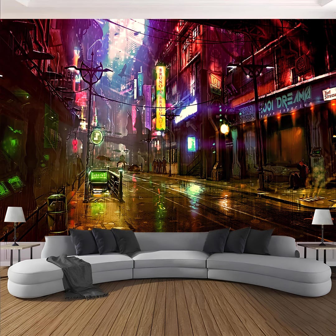 Cyberpunk Night City View Neon Lights Wall Tapestry, Anime Wall Hanging ...
