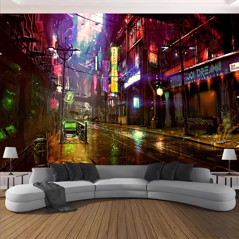 Cyberpunk Night City View Neon Lights Wall Tapestry, Anime Wall Hanging ...