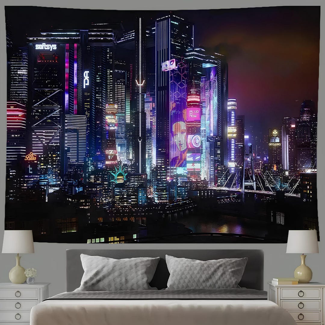 Cyberpunk 2077 Wall Tapestry, City Night Tapestry, Cyberpunk Landscape ...