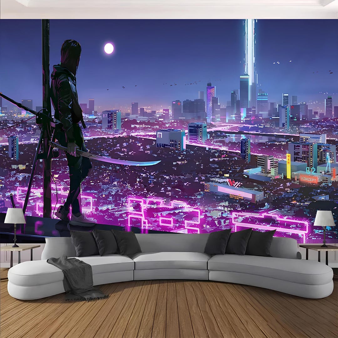 Cyberpunk Night City View Neon Lights Wall Tapestry, Anime Wall Hanging ...