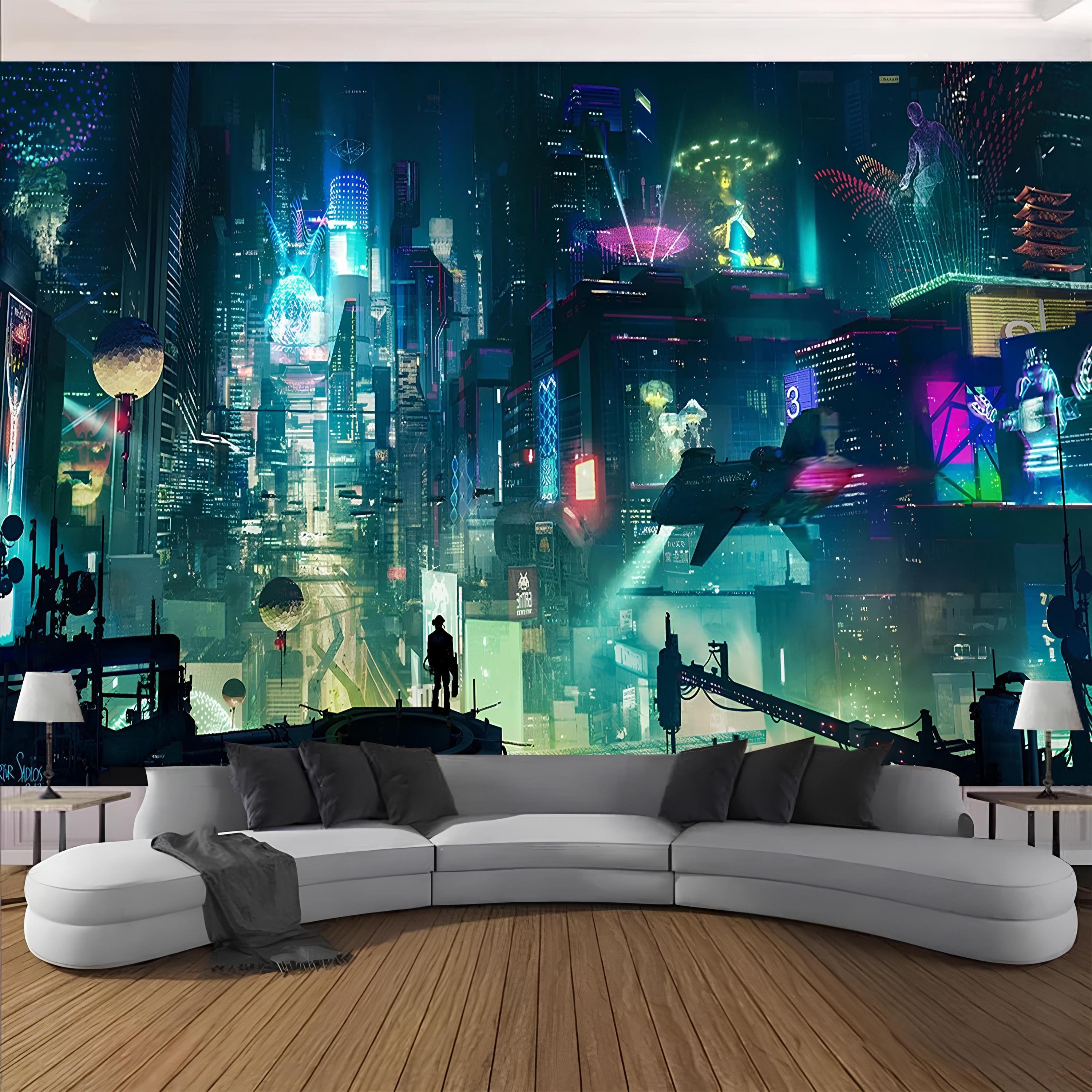 Cyberpunk Cityscape Tapestry: Neon Night View Wall Hanging - Etsy