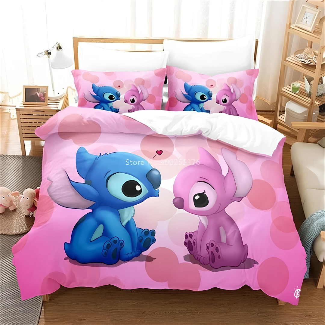Lilo and Stitch Angel Pink Blue Bedding Set, Cartoon Microfiber Duvet ...