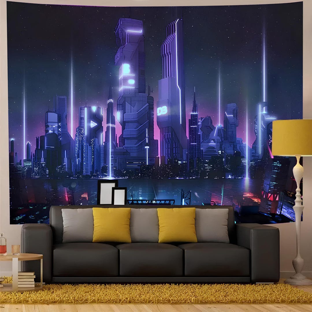 Cyberpunk Night City View Neon Lights Wall Tapestry, Anime Wall Hanging ...