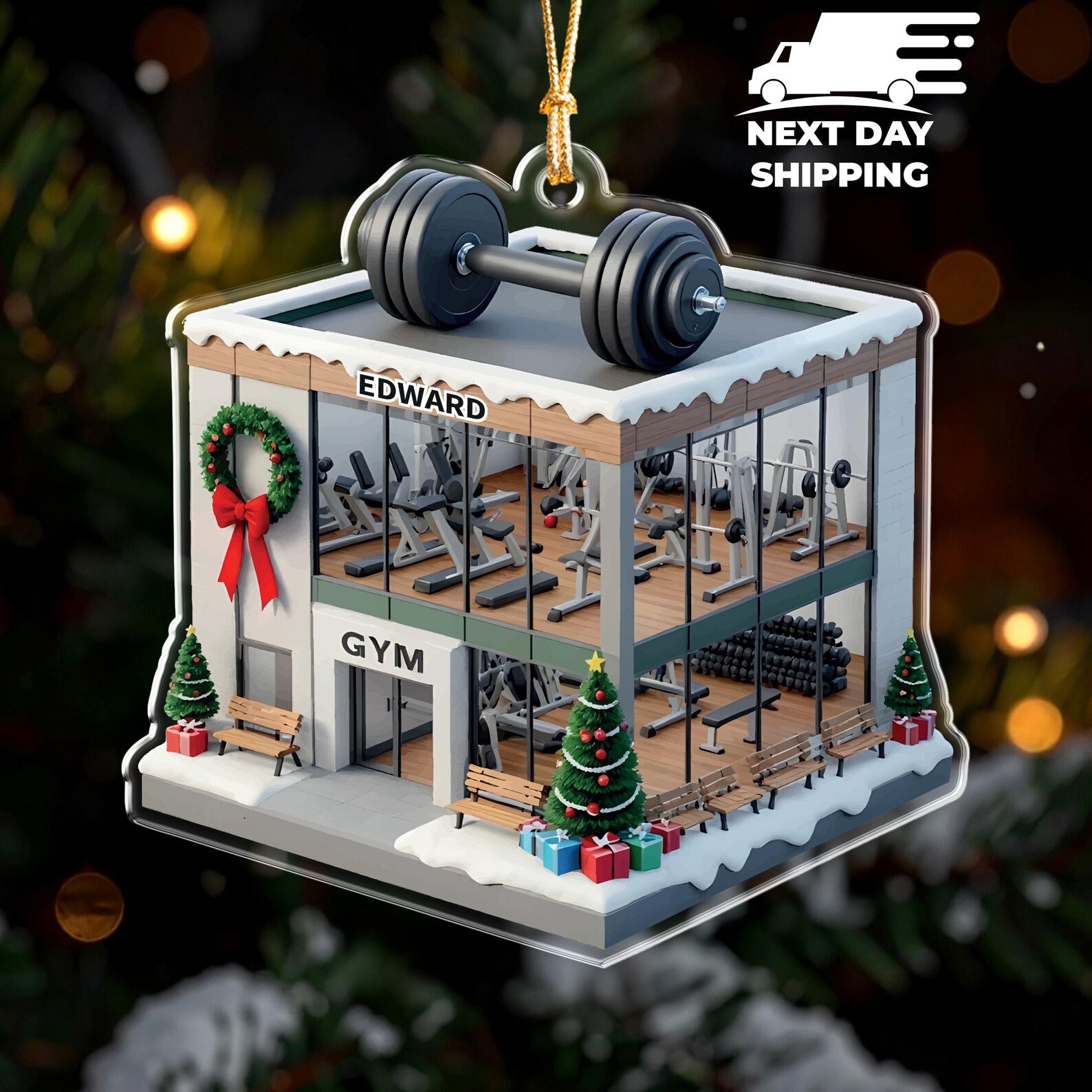 Gym Fitness Christmas Ornament, Custom Name Ornament With Dumbbells ...