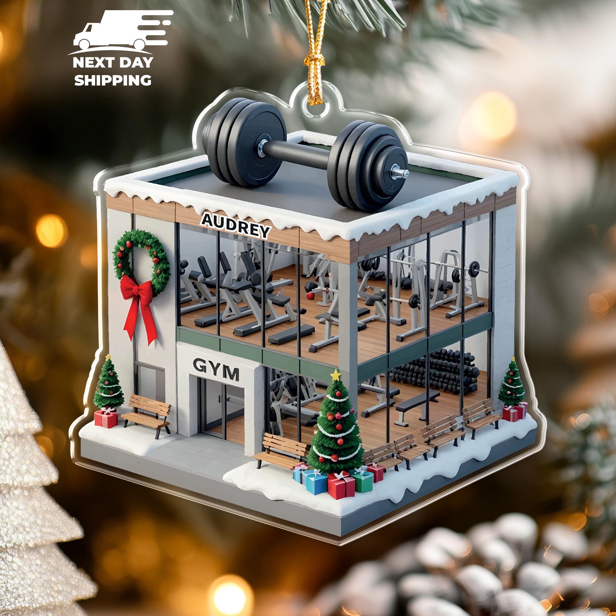 Gym Fitness Christmas Ornament, Custom Name Ornament With Dumbbells ...