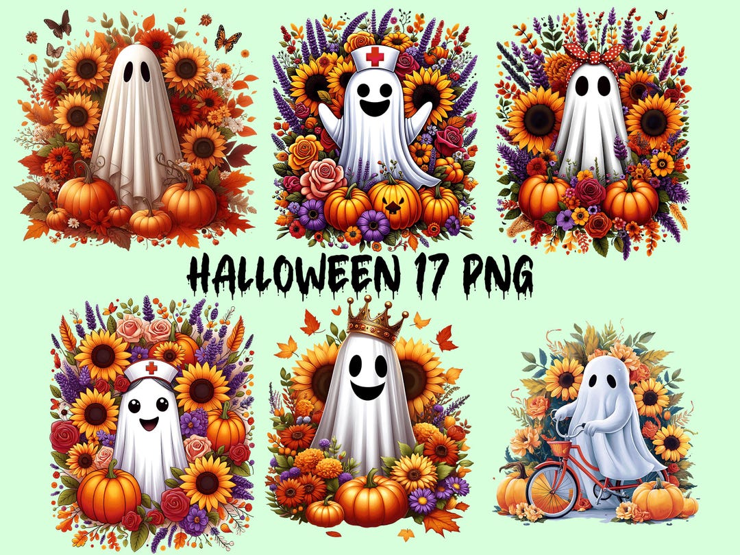Watercolor Cute Ghost Clipart, 17 PNG Halloween Clipart Bundle ...