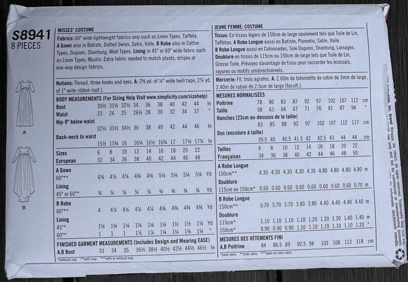 UNCUT Simplicity 8941 Sewing Pattern, Regency-era Gown and Robe Costume ...