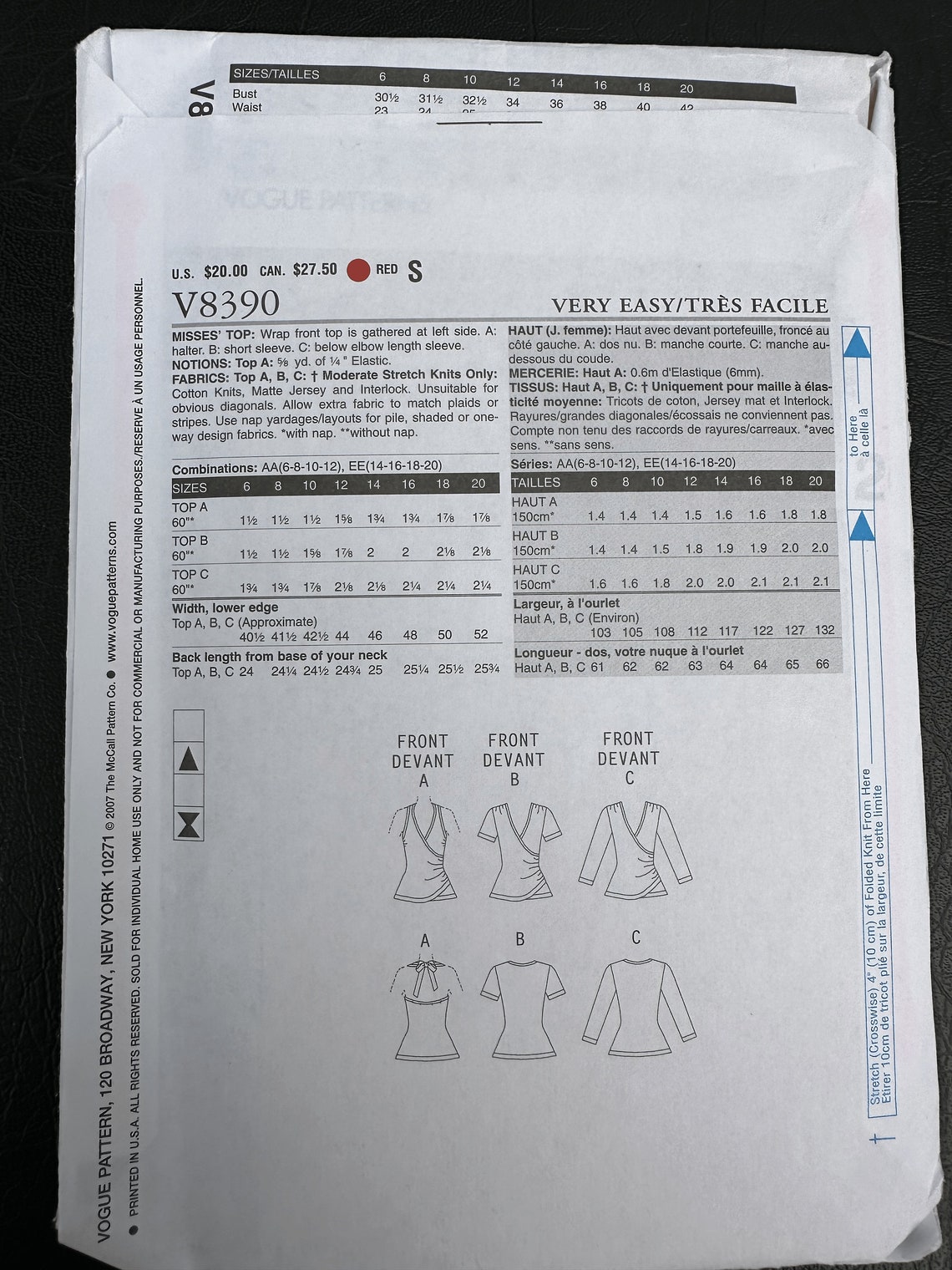 UNCUT Vogue Sewing Pattern 8390, Very Easy Wrap Top, Sizes 14-16-18-20 ...