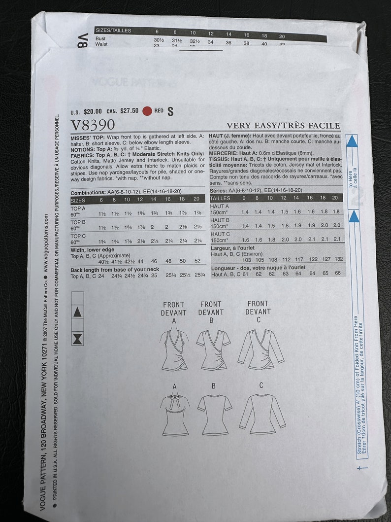 UNCUT Vogue Sewing Pattern 8390, Very Easy Wrap Top, Sizes 14-16-18-20 ...