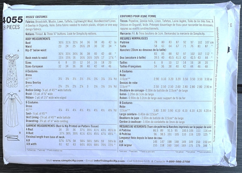 UNCUT Simplicity 4055 Sewing Pattern, Regency-era Dress Circa 1755-1825 ...