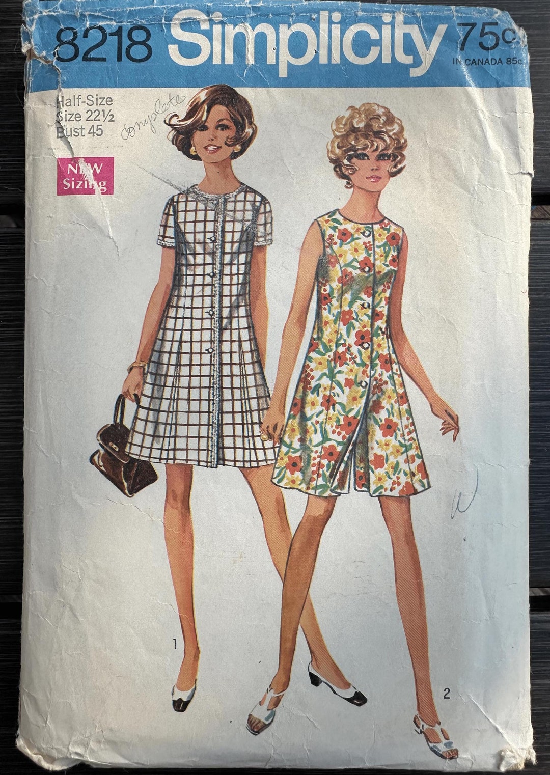 VINTAGE Simplicity Sewing Pattern 8218, 1969 Collarless Pantdress, Size ...