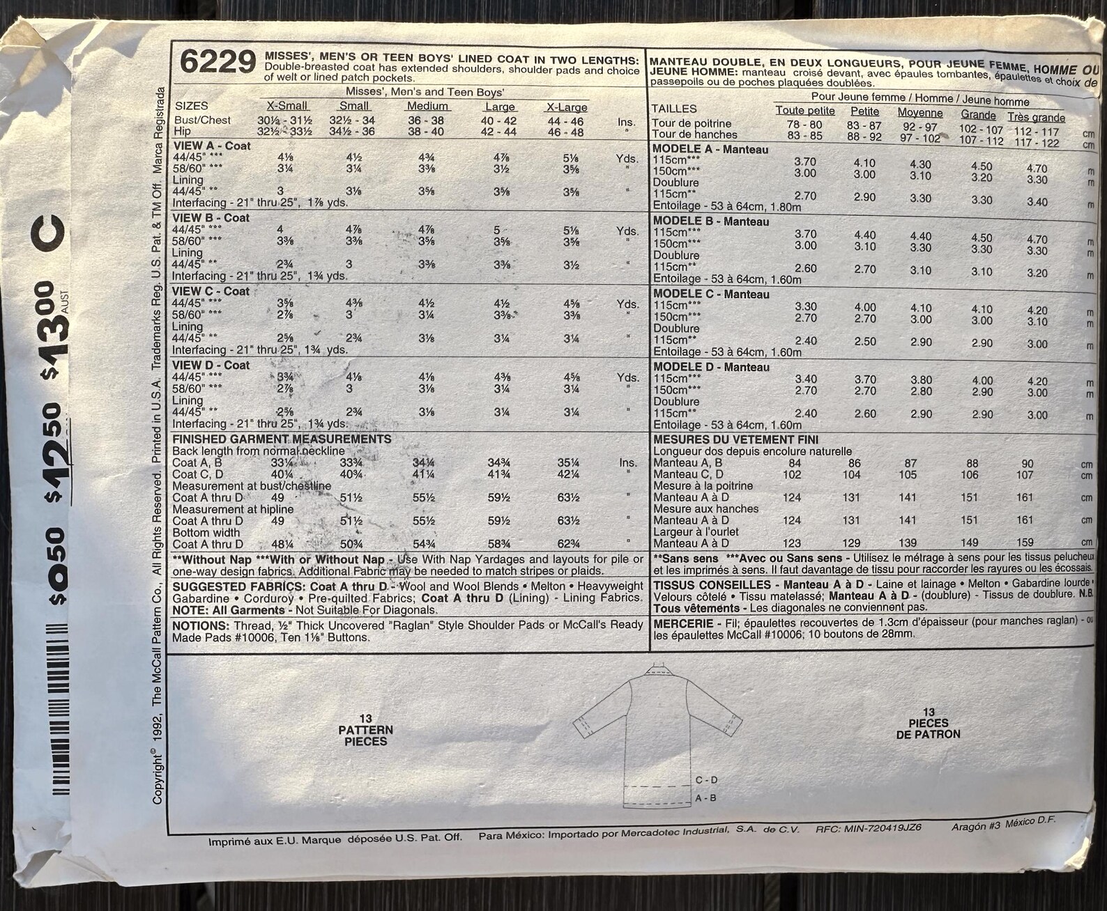UNCUT Mccall's Sewing Pattern 6229, Double-breasted Coat in Two Lengths ...