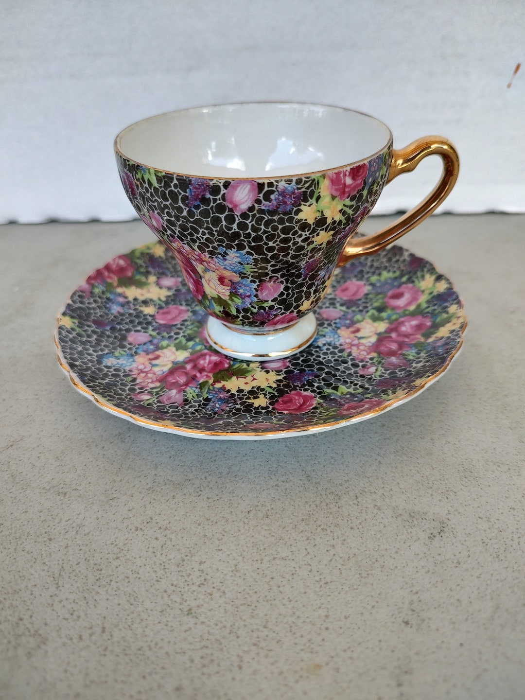 Pretty Vintage Inarco Foot Cup and Matching Saucer Black W/multi Color ...