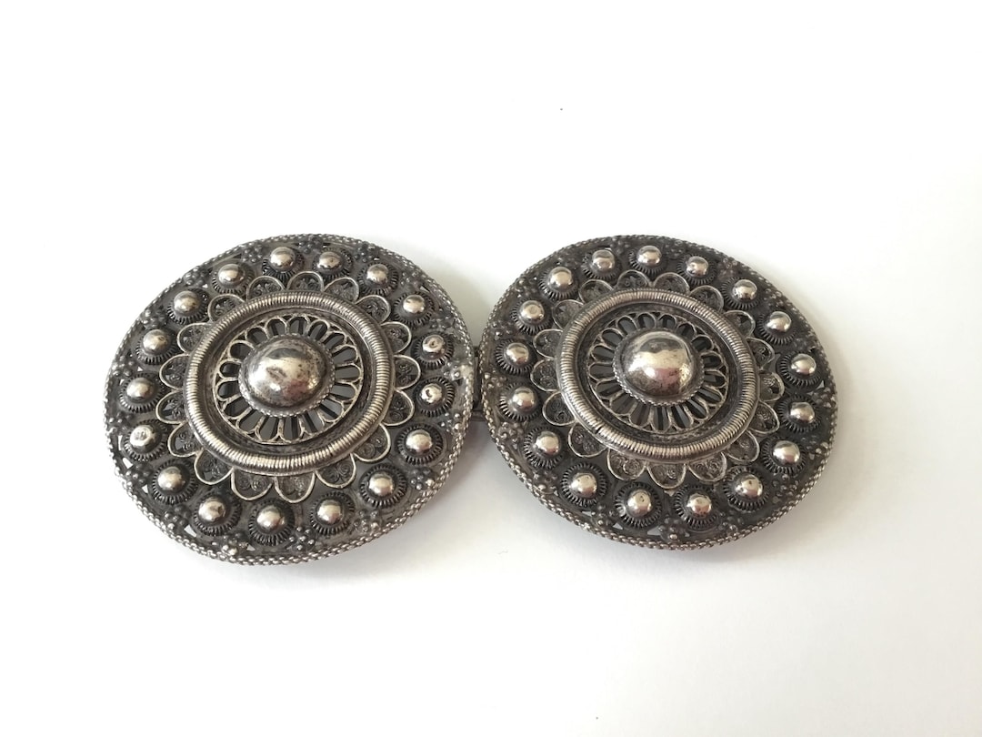 Large Antique Dutch Button Belt Buckle Handcrafted, Silver Filigree Pin ...